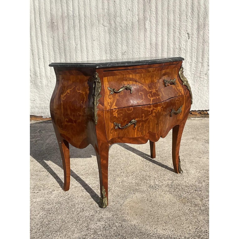 Vintage Regency Marble Top Marquetry Bombe Chest For Sale at 1stDibs