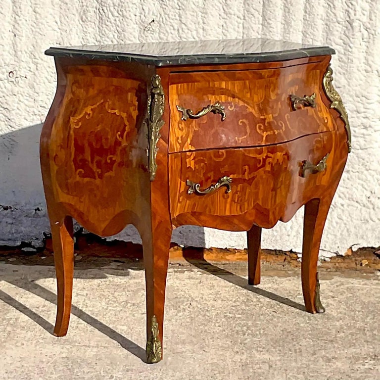 Vintage Regency Marble Top Marquetry Bombe Chest For Sale at 1stDibs
