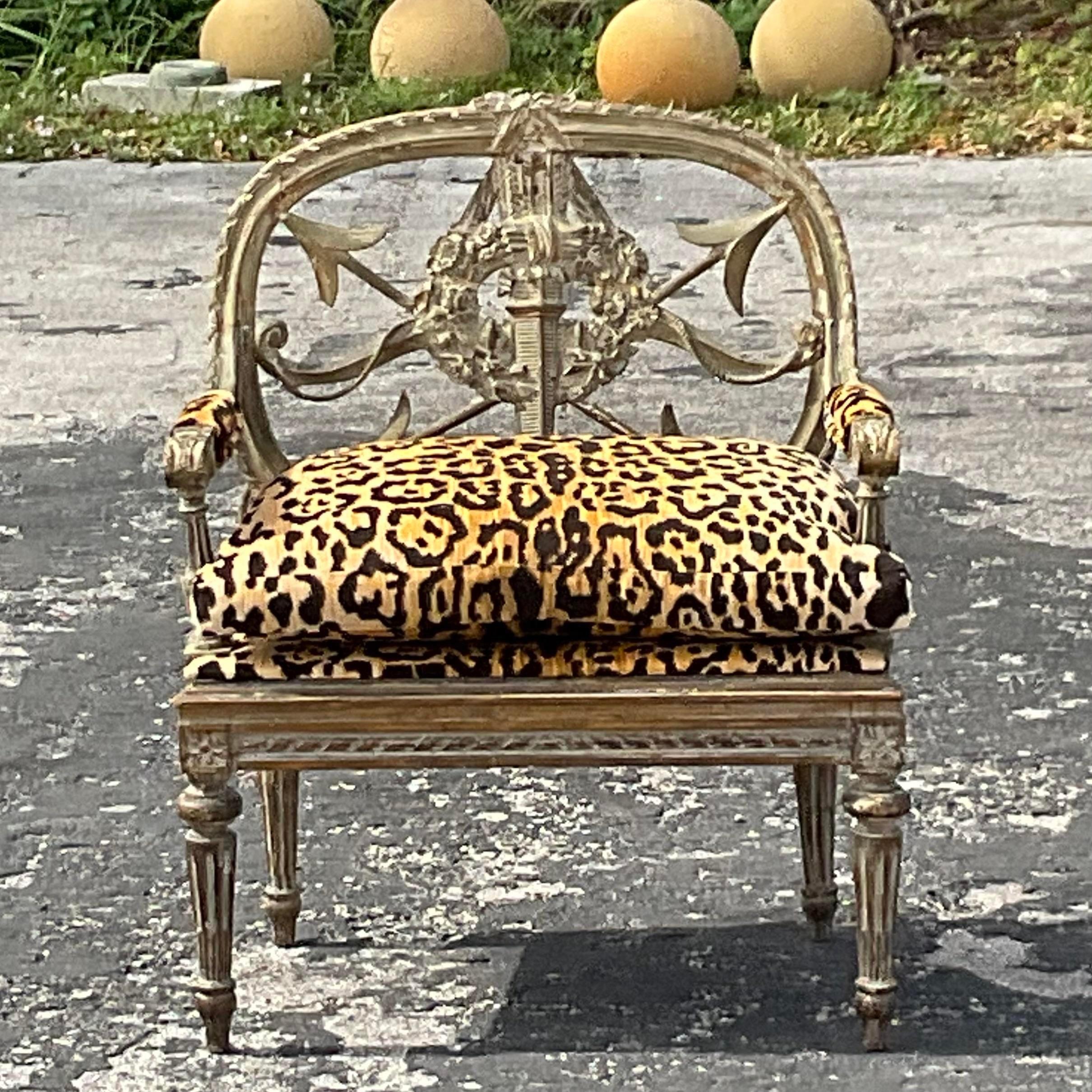 Vintage Regency Petite Leopard Bergere Salon Chair For Sale at 1stDibs