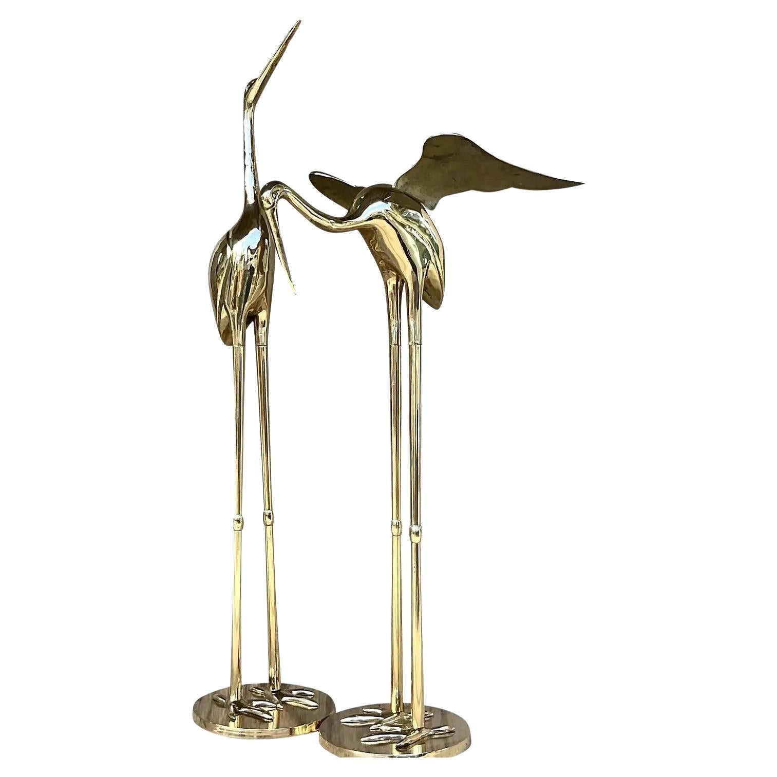 Vintage Regency Polished Brass Cranes, Set of Two For Sale at 1stDibs