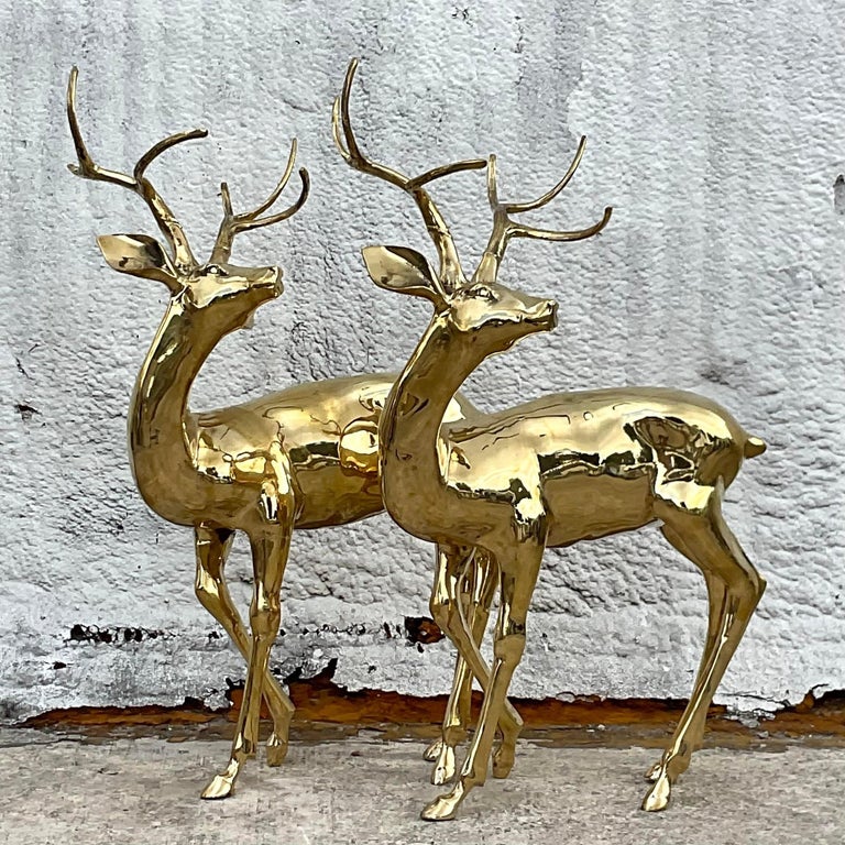 Vintage Regency Polished Brass Life Size Deer, a Pair For Sale at 1stDibs