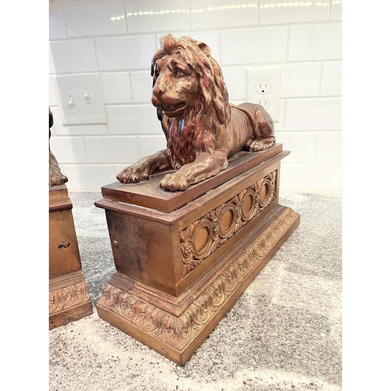 Vintage Regency Recumbent Lion Firedogs Plinth Base, a Pair For Sale at ...