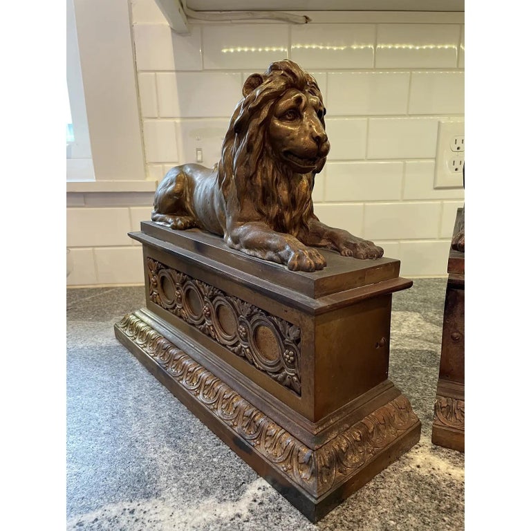 Vintage Regency Recumbent Lion Firedogs Plinth Base, a Pair For Sale at ...