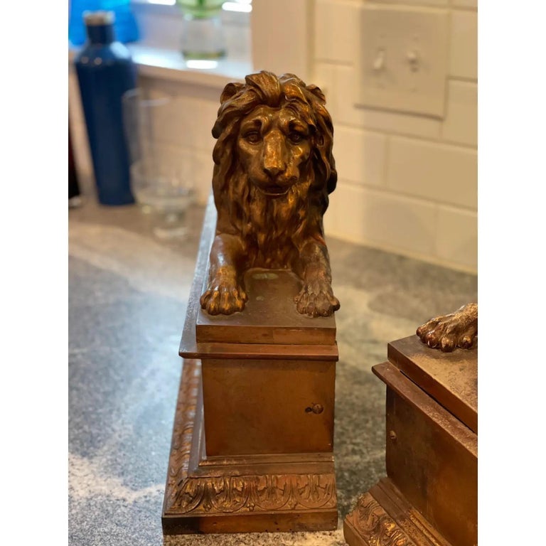 Vintage Regency Recumbent Lion Firedogs Plinth Base, a Pair For Sale at ...