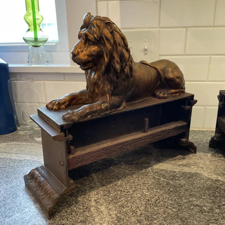 Vintage Regency Recumbent Lion Firedogs Plinth Base, a Pair For Sale at ...
