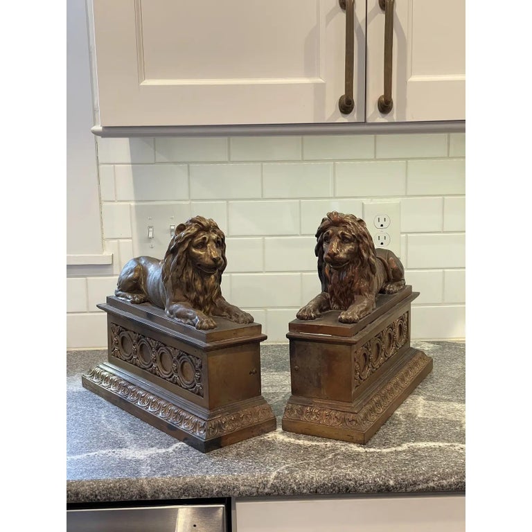 Vintage Regency Recumbent Lion Firedogs Plinth Base, a Pair For Sale at ...