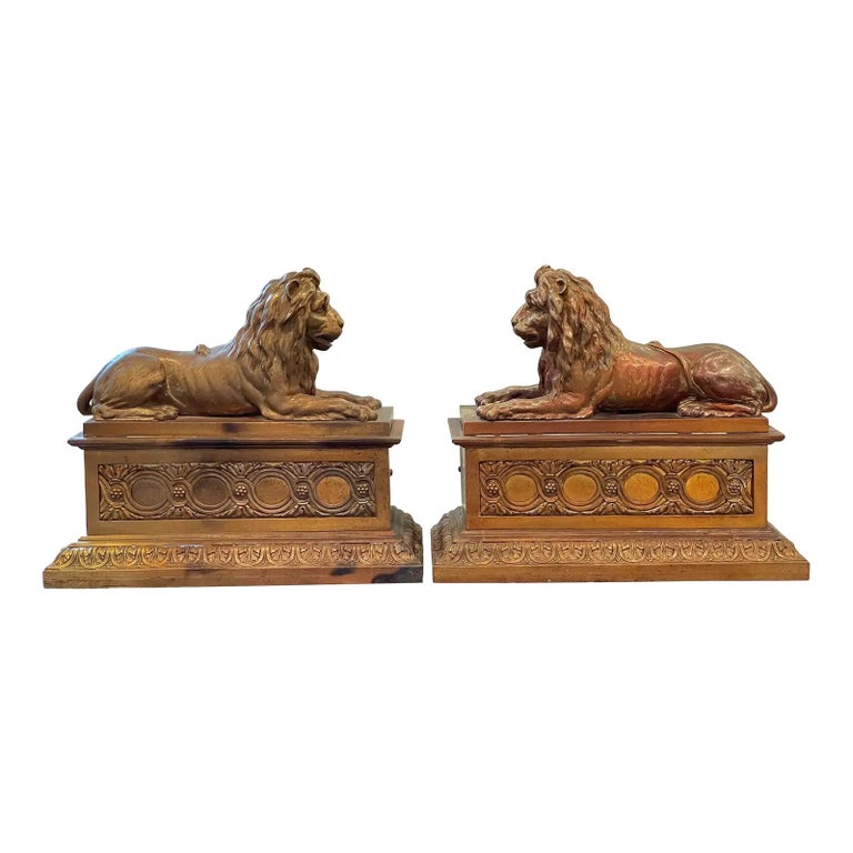 Vintage Regency Recumbent Lion Firedogs Plinth Base, a Pair For Sale at ...