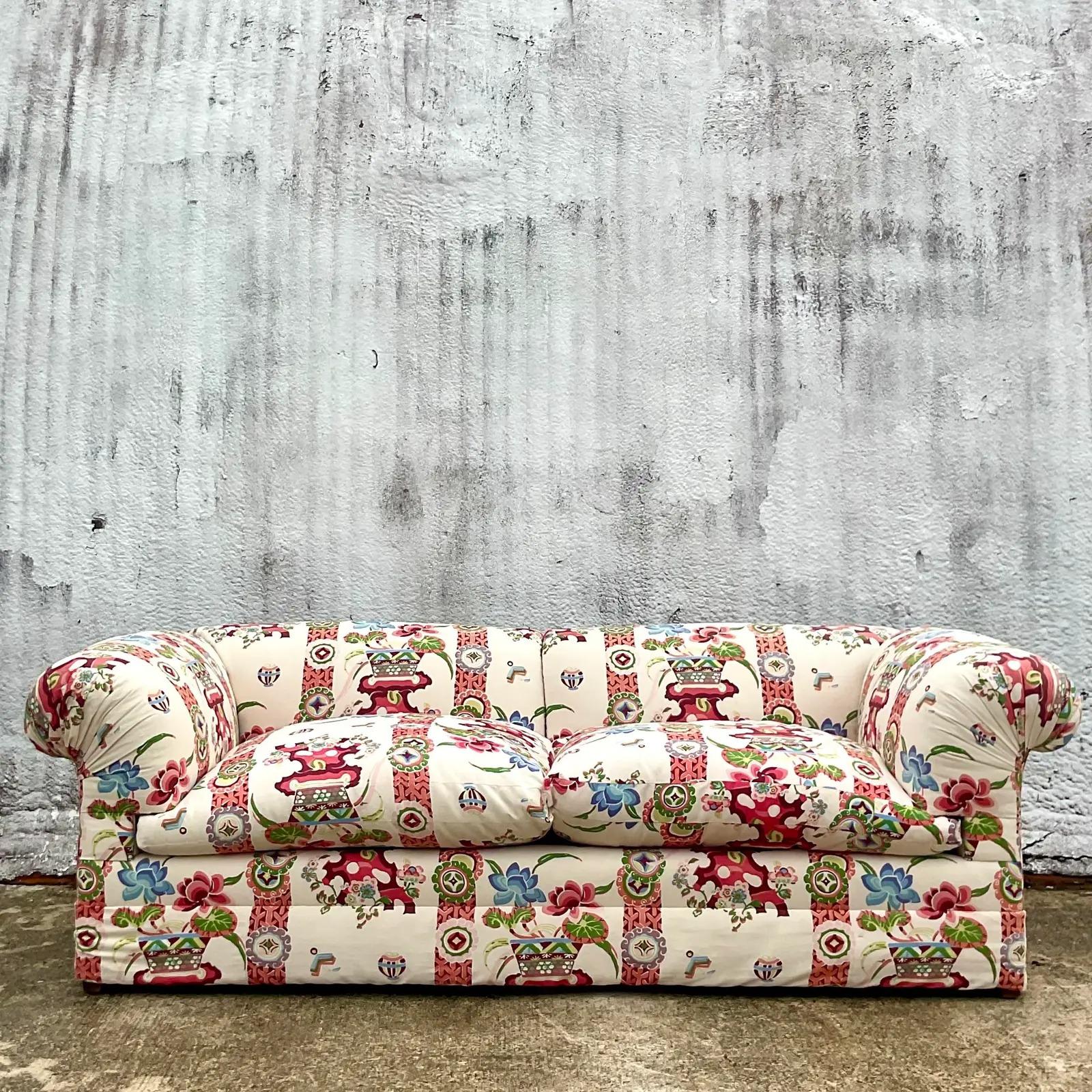 Vintage Regency Roll Arm Printed Sofa For Sale at 1stDibs