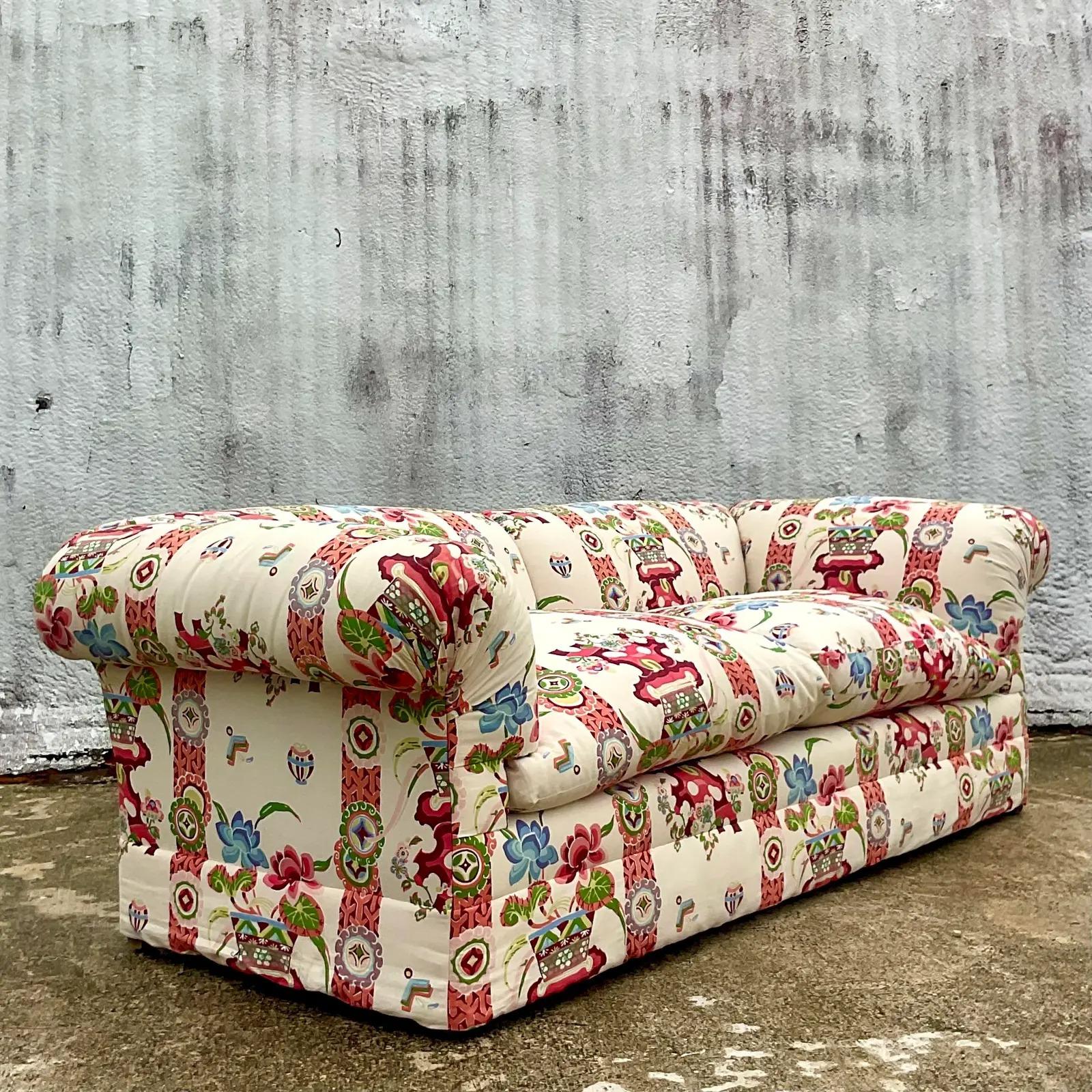 Vintage Regency Roll Arm Printed Sofa For Sale at 1stDibs