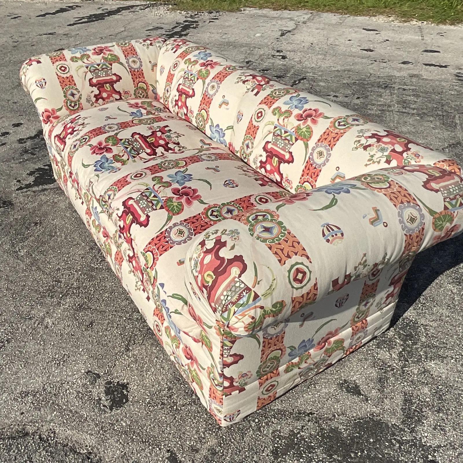 Vintage Regency Roll Arm Printed Sofa For Sale at 1stDibs