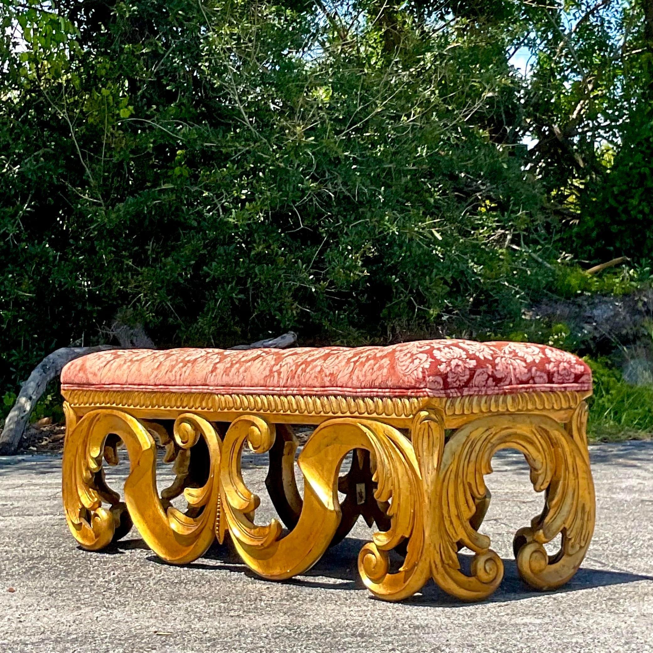 Vintage Regency Tufted Gilt Bench For Sale at 1stDibs