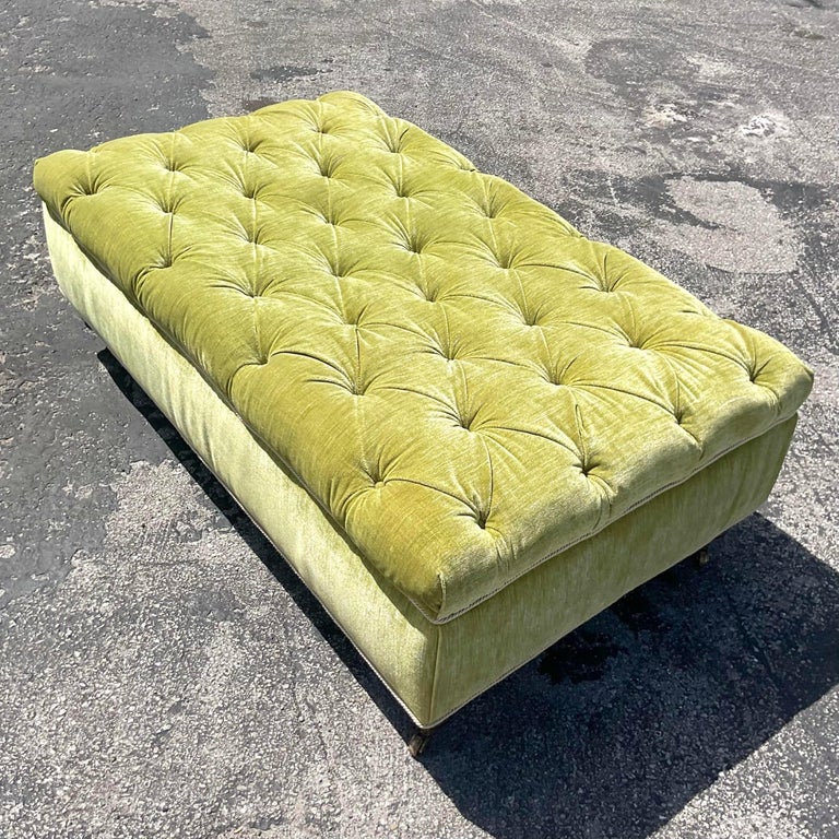 Vintage Regency Tufted Green Velvet Ottoman For Sale at 1stDibs