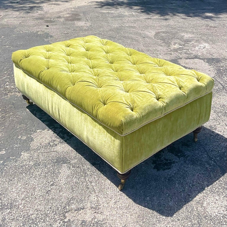 Vintage Regency Tufted Green Velvet Ottoman For Sale at 1stDibs