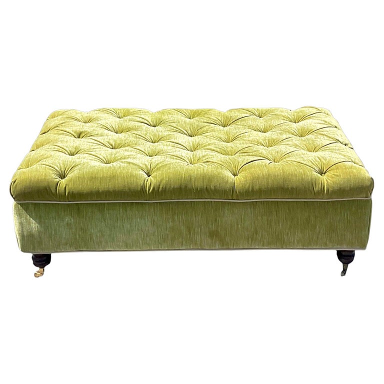 Vintage Regency Tufted Green Velvet Ottoman For Sale at 1stDibs