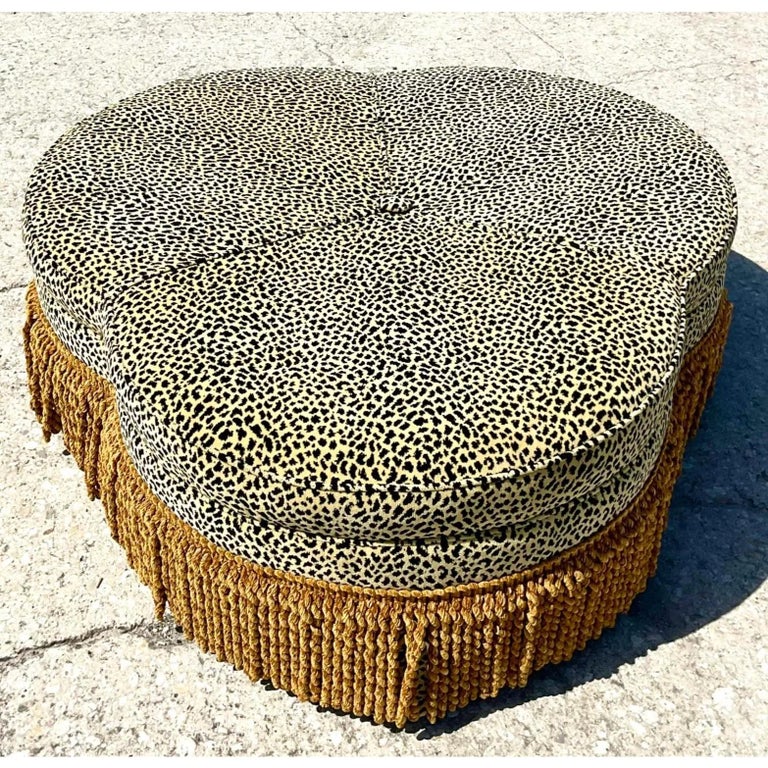 Vintage Regency Velveteen Leopard Cloverleaf Ottoman For Sale at 1stDibs