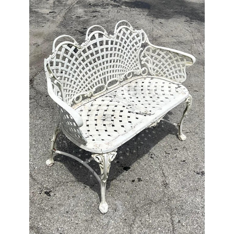 Vintage Regency Web Wrought Iron Bench For Sale at 1stDibs