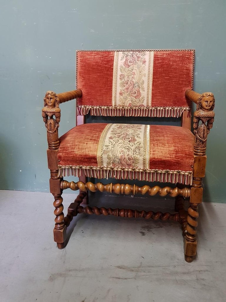 Vintage Renaissance Style Nutwood Armchair with Carved Armrests of 2 ...