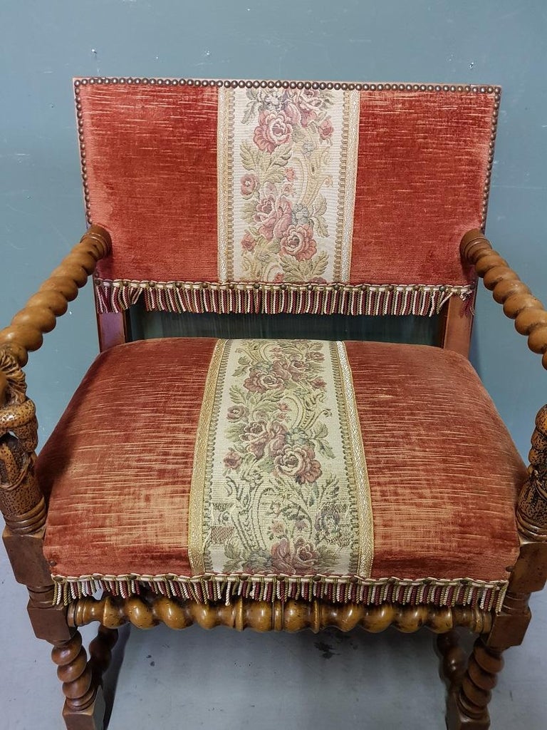 Vintage Renaissance Style Nutwood Armchair with Carved Armrests of 2 ...