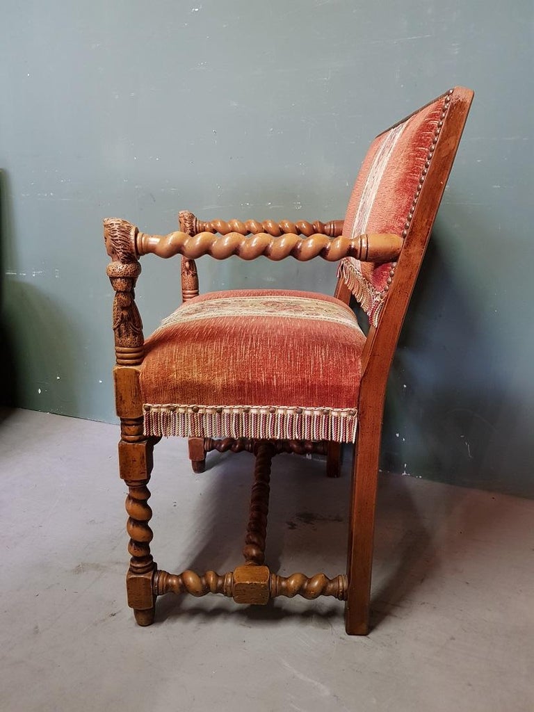 Vintage Renaissance Style Nutwood Armchair with Carved Armrests of 2 ...