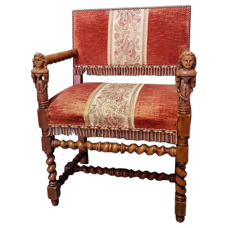 Vintage Renaissance Style Nutwood Armchair with Carved Armrests of 2 ...