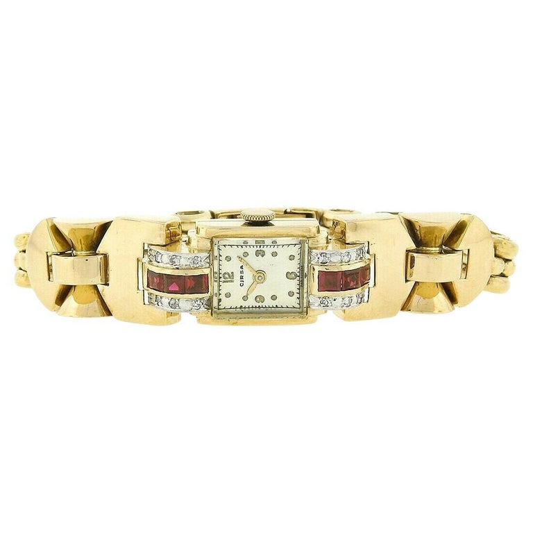 Vintage Retro 14k Gold Diamond and Syn. Ruby Mechanical Swiss Dress ...