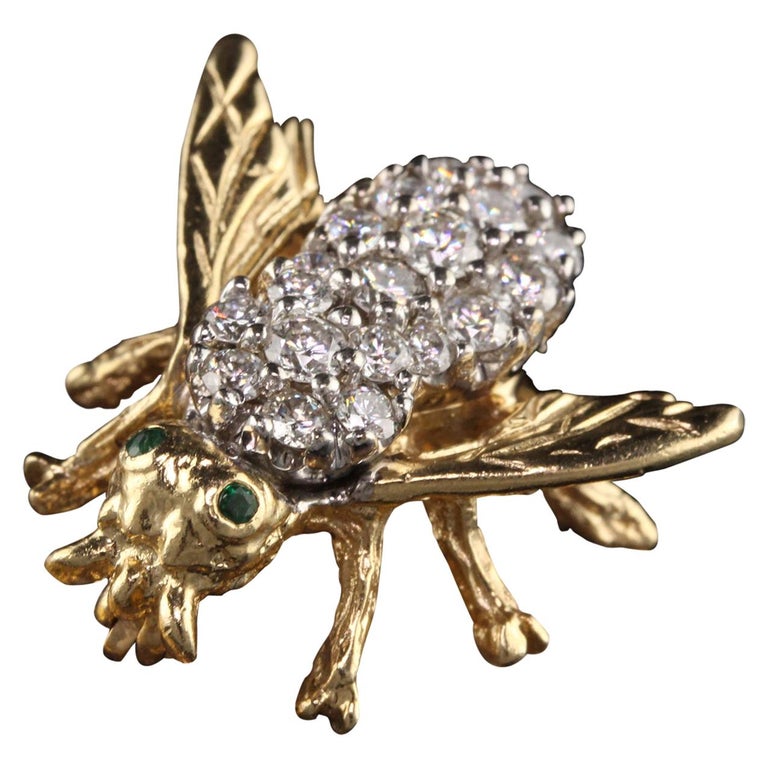 Vintage Retro 14K Yellow Gold Diamond Bee Pin at 1stDibs