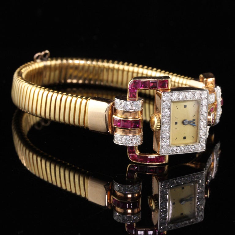 Vintage Retro 18 Karat Yellow Gold Diamond and Ruby Watch at 1stDibs