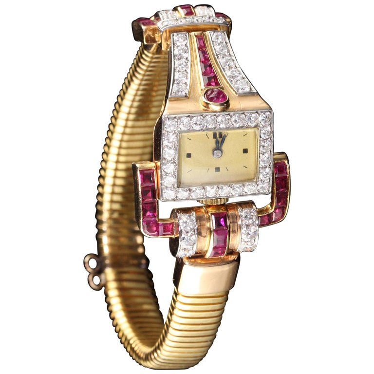 Vintage Retro 18 Karat Yellow Gold Diamond and Ruby Watch at 1stDibs