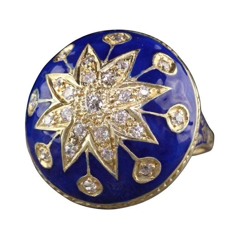 Vintage Retro 18K Yellow Gold Enamel and Diamond Cocktail Ring at 1stDibs