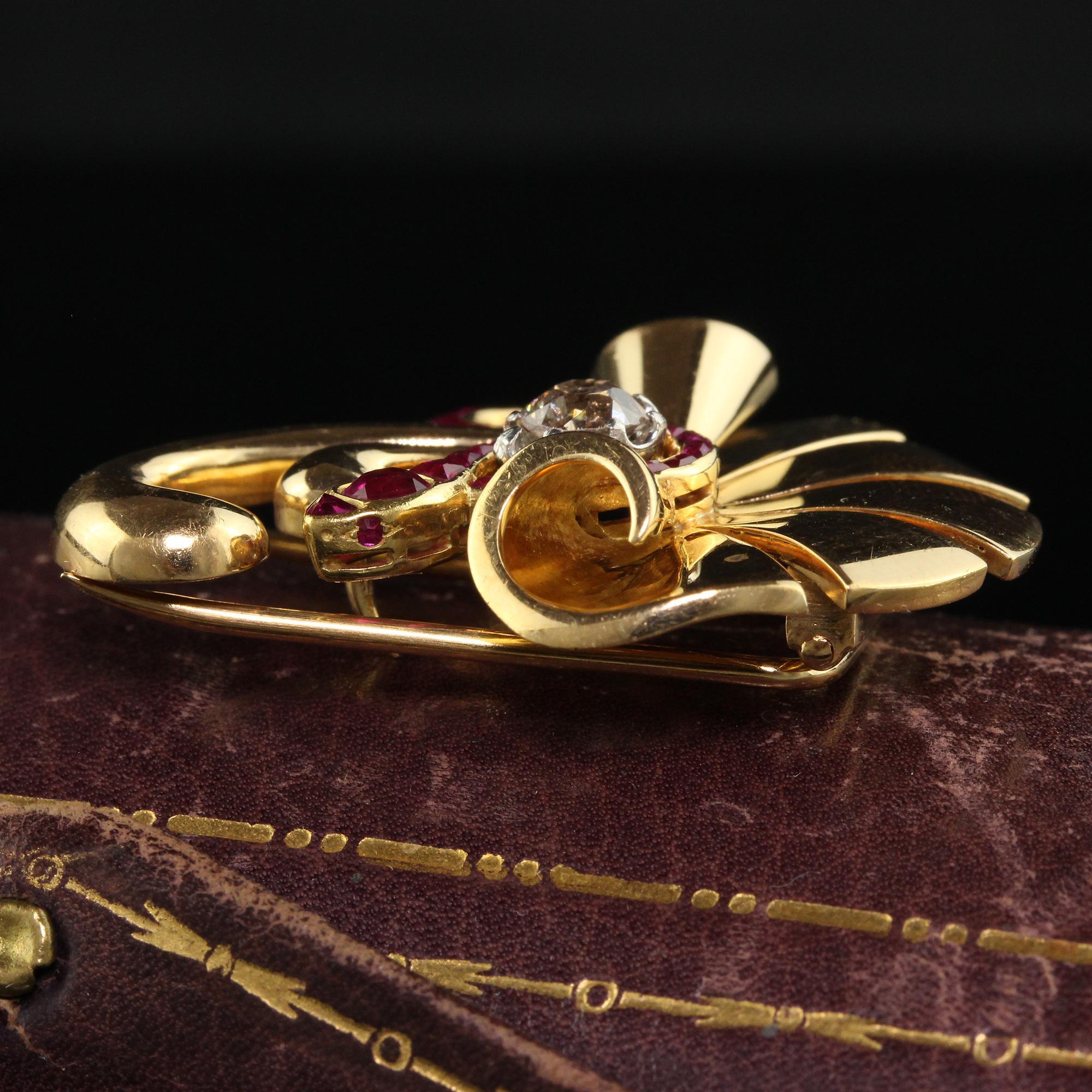 Vintage Retro 18K Yellow Gold Ruby and Old Mine Diamond Snake Pin For ...