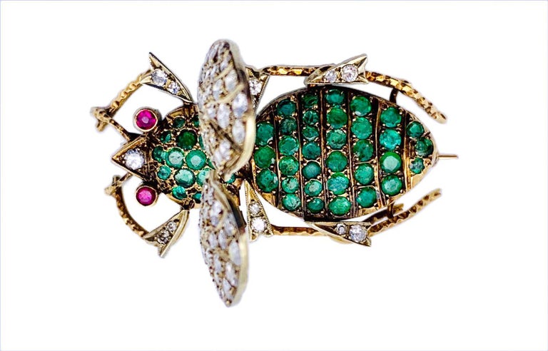 Vintage Retro Diamond Emerald Ruby Gold Insect May Beetle Brooch at 1stDibs