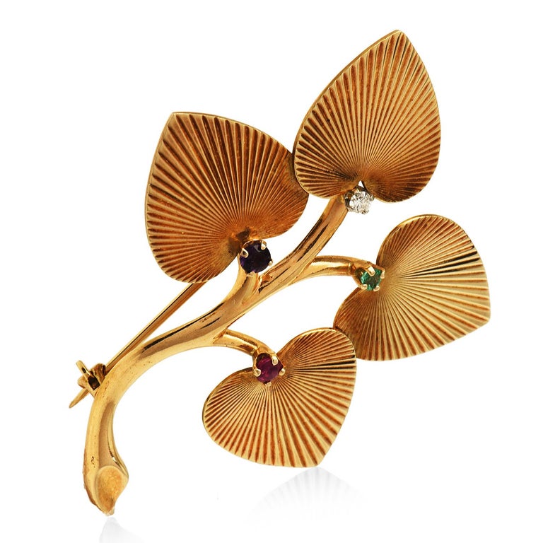 Vintage Retro Diamond Multicolor Gemstone Yellow Gold Floral Leaf ...