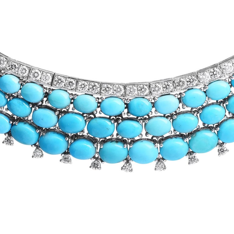 Vintage Retro Diamond Turquoise 18K White Gold Wide Link Necklace For ...