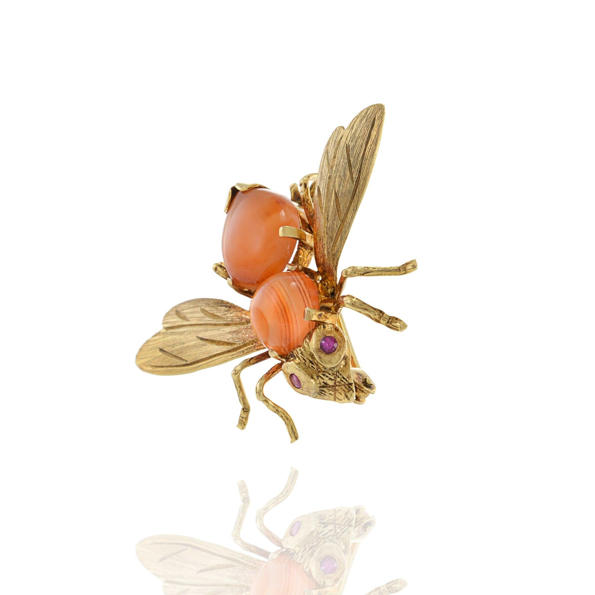 Vintage Retro Era 14KT Yellow Gold Cornelian And Ruby Fly Lapel Pin For ...