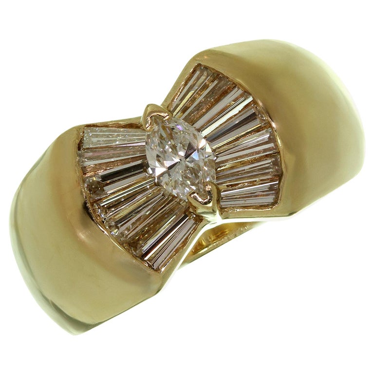 Vintage Retro Fancy-Cut Diamond Yellow Gold Wide Ring For Sale at 1stDibs