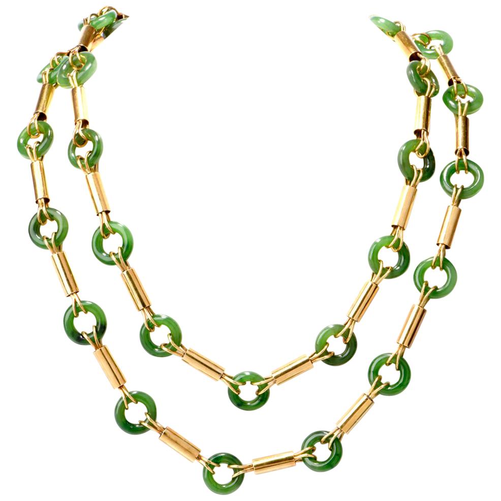 Vintage Retro Jade Yellow Gold Long Necklace at 1stDibs