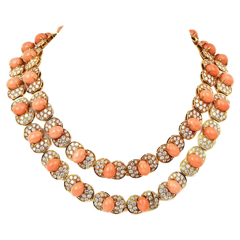 Vintage Retro Pink Coral Diamond 18k Yellow Gold Link Long Bracelet