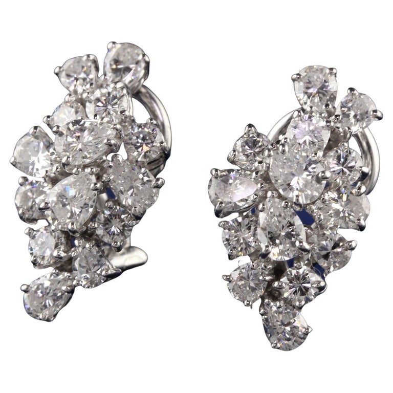 Vintage Retro Platinum Round and Pear Shape Diamond Earrings at 1stDibs