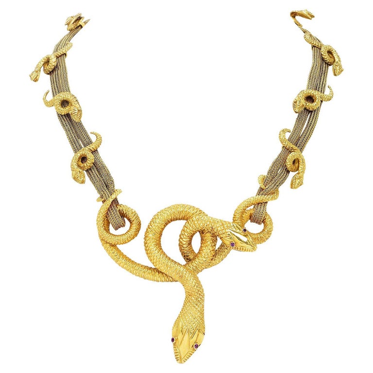 Vintage Retro Ruby 18K Yellow Gold Double Snakes Head Mesh Choker ...