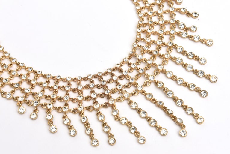 Rhinestone and Gilded Metal Bib Necklace Vintage For Sale at 1stDibs
