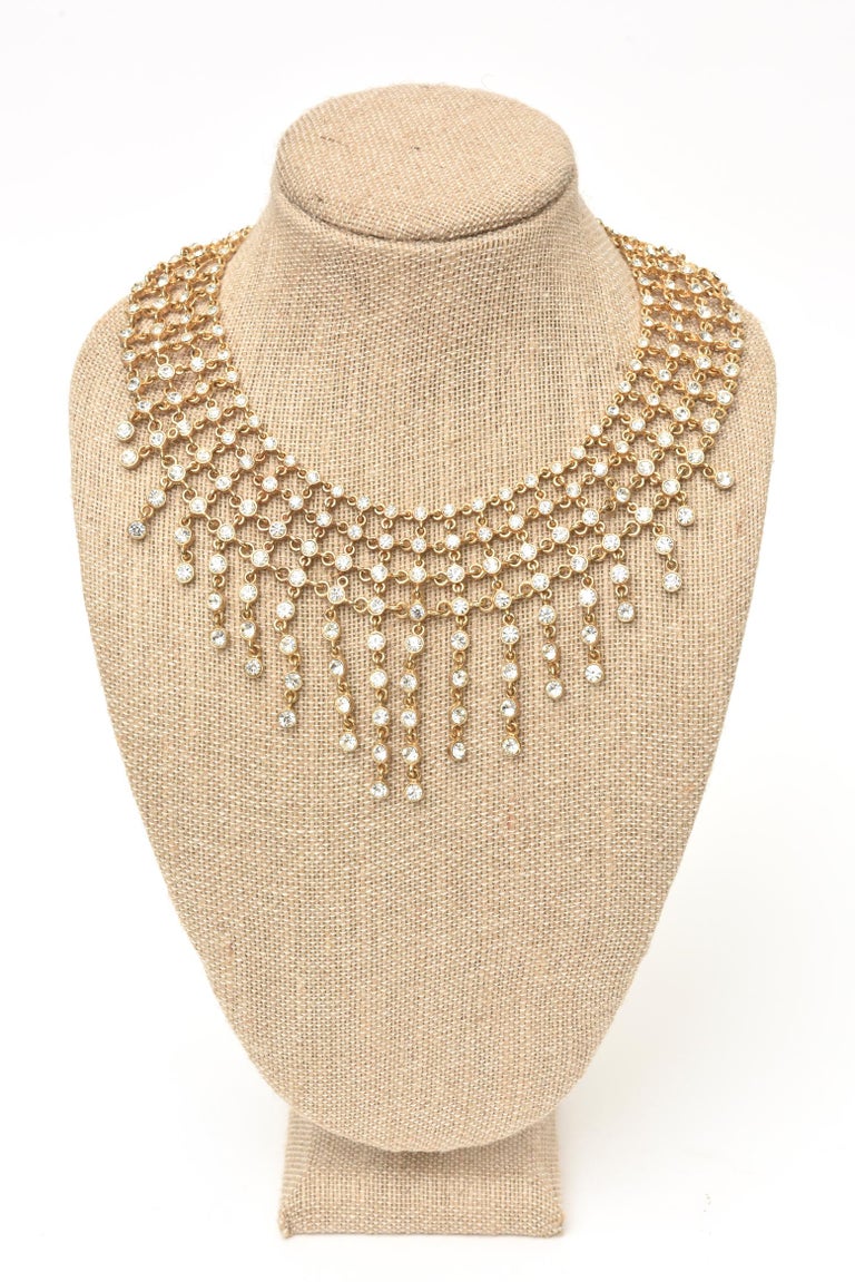 Rhinestone and Gilded Metal Bib Necklace Vintage For Sale at 1stDibs