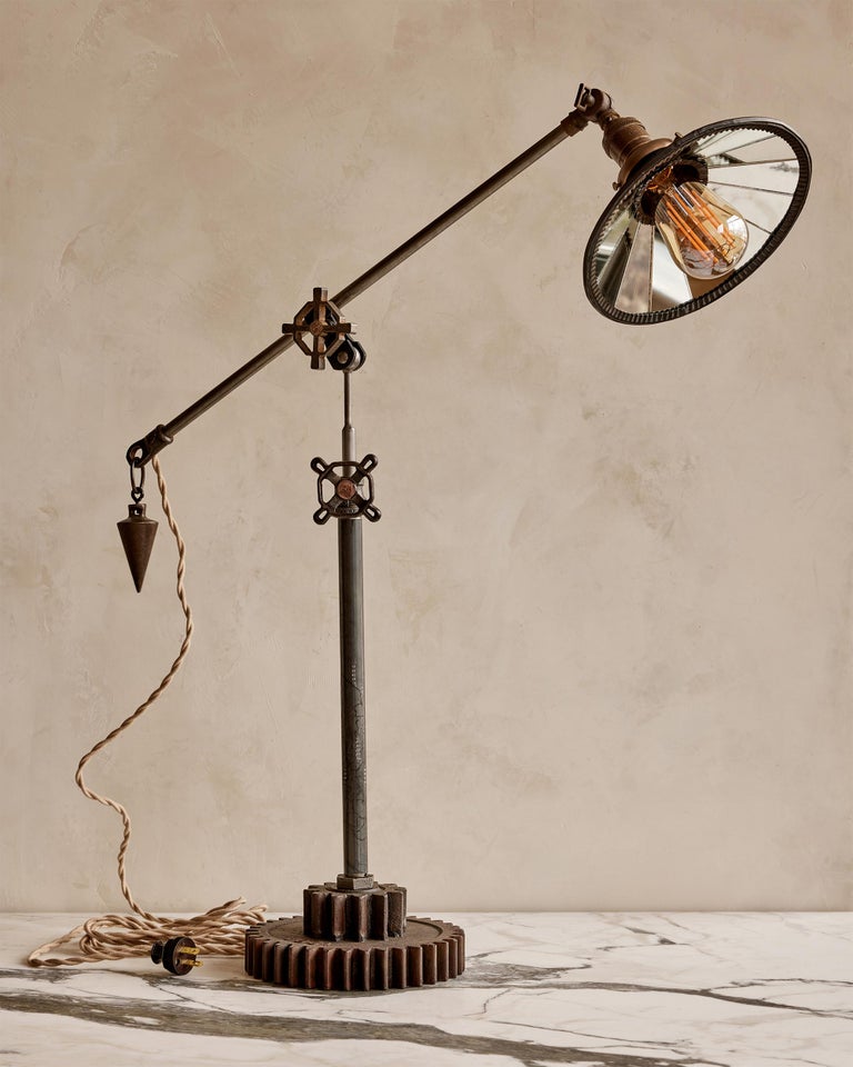 Vintage Ribbon Glass Steel and Iron Gear Base Table Lamp Plug in For ...