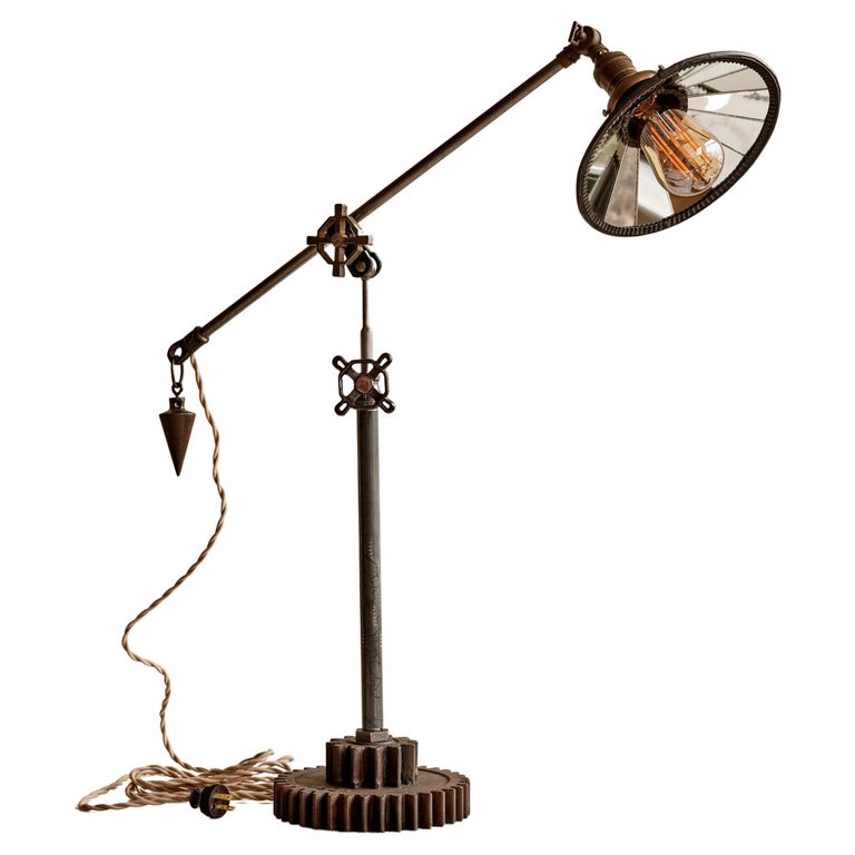 Vintage Ribbon Glass Steel and Iron Gear Base Table Lamp Plug in For ...