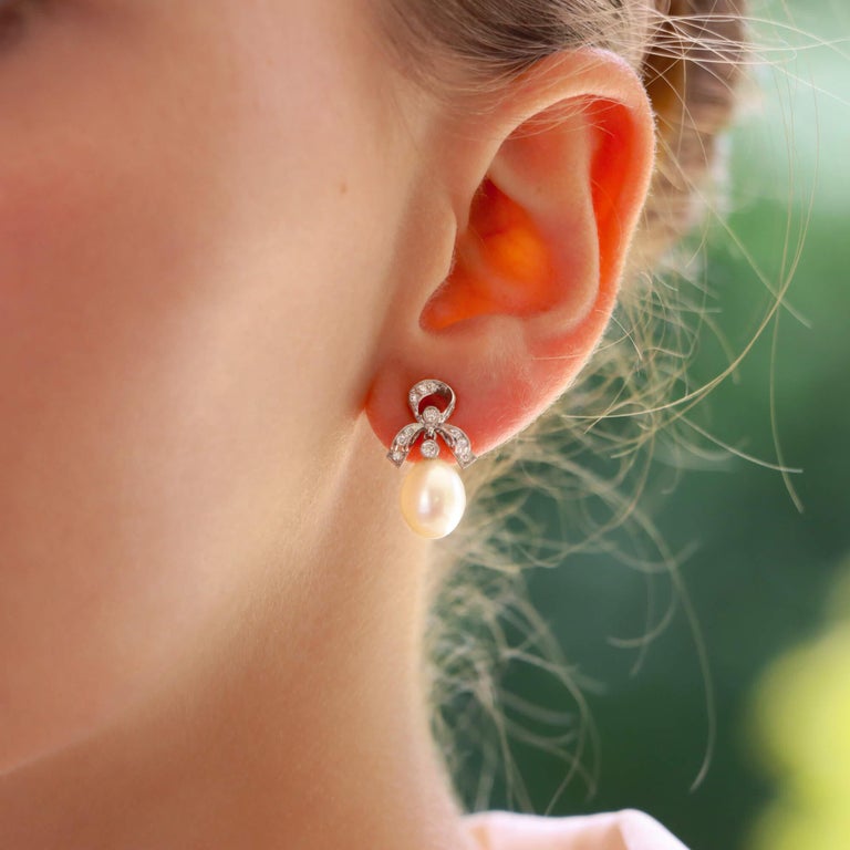 Vintage Ribbon Topped Pearl and Diamond Drop Earrings in 18k White Gold ...