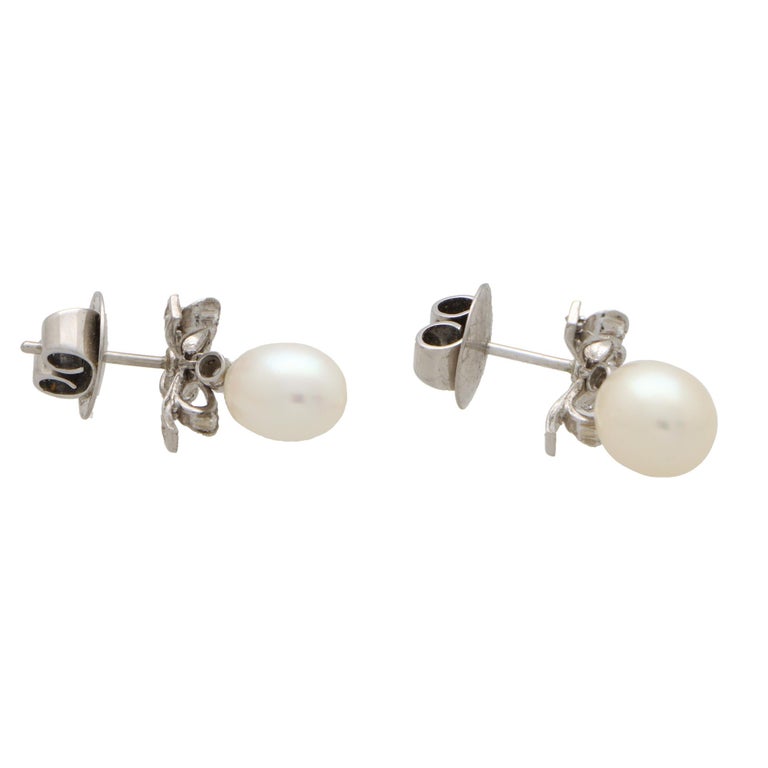Vintage Ribbon Topped Pearl and Diamond Drop Earrings in 18k White Gold ...