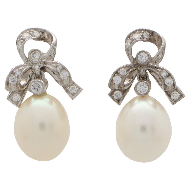 Vintage Ribbon Topped Pearl and Diamond Drop Earrings in 18k White Gold ...