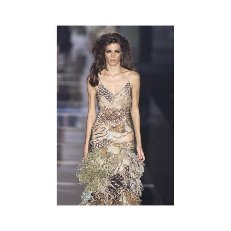 Vintage Roberto Cavalli 2004 Satin Feather Ruffle Runway Gown at 1stDibs