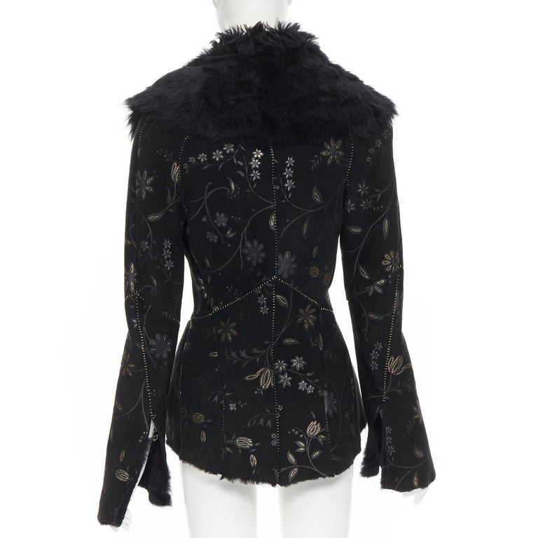 vintage ROBERTO CAVALLI black suede floral print fur lined belted ...