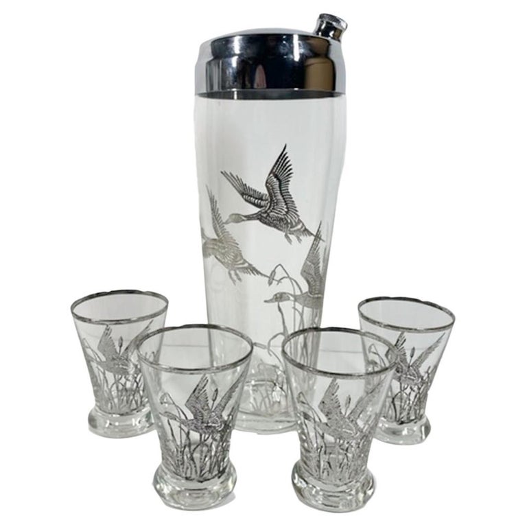 Vintage Rockwell Silver Co. Silver Overlay Cocktail Shaker Set w/ Ducks ...