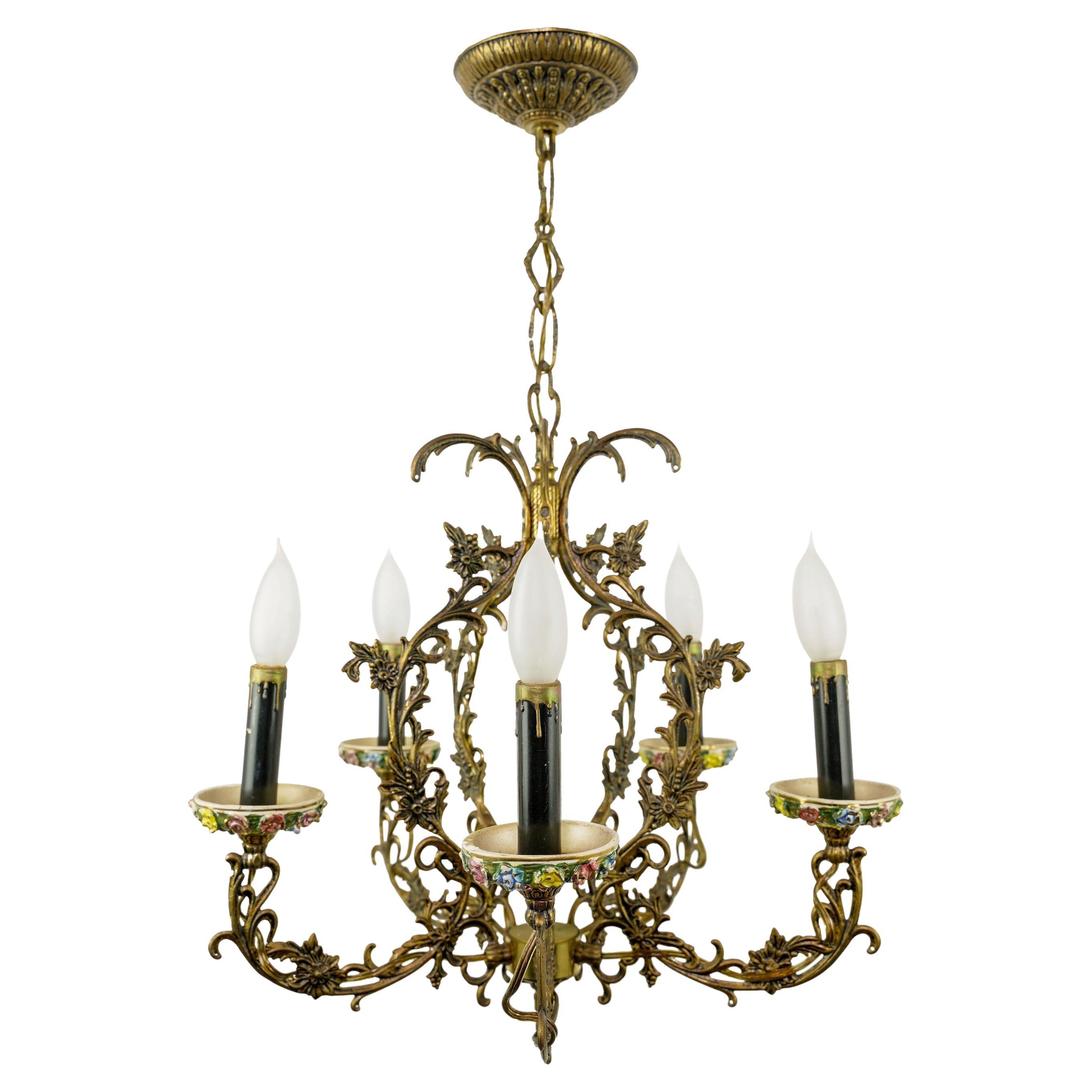 Vintage Rococo Brass Colored Floral 5 Arm Chandelier For Sale at 1stDibs